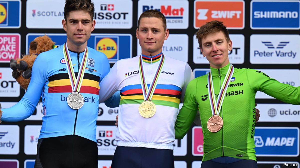 Tadej Pogacar reveals one of his goals for 2024 to be to "take that rainbow jersey from Van der ...