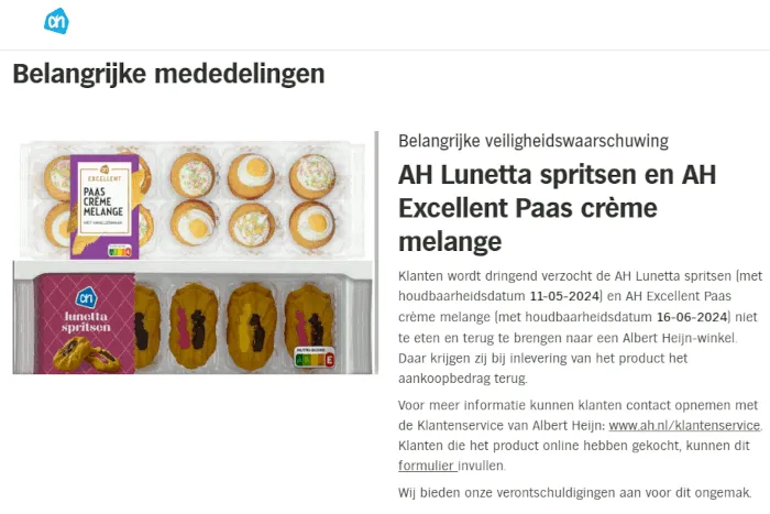 Terugroepactie AH Lunetta Spritsen en AH Excellent Paas crème melange ...