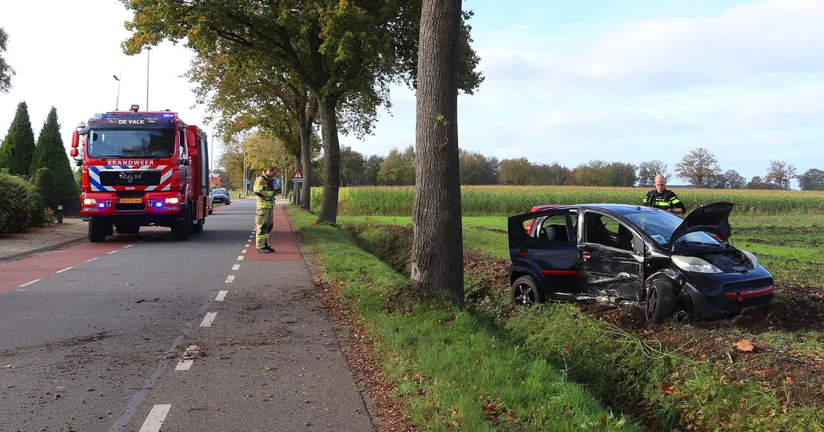Automobilist botst met zijn auto tegen boom en belandt in weiland in Lunteren