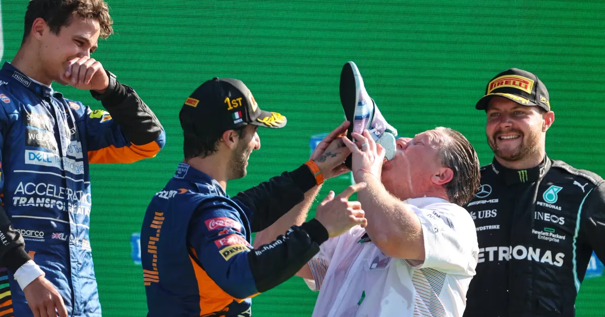 Zak Brown tests Daniel Ricciardo's winning McLaren F1 car at Silverstone