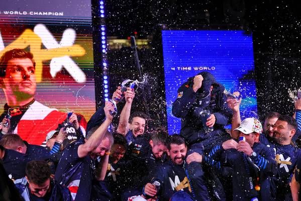 'Chaos' in front of Red Bull garage as the team celebrates Verstappen!