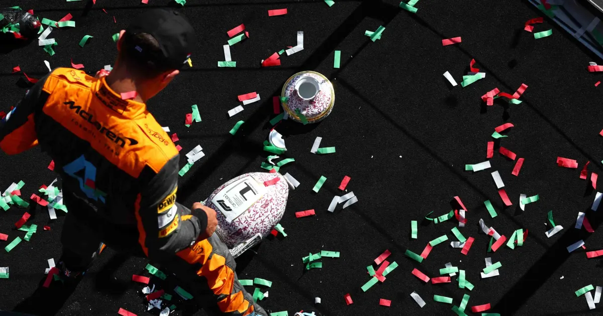 Norris drives with helmet design from Verstappen's broken trophy