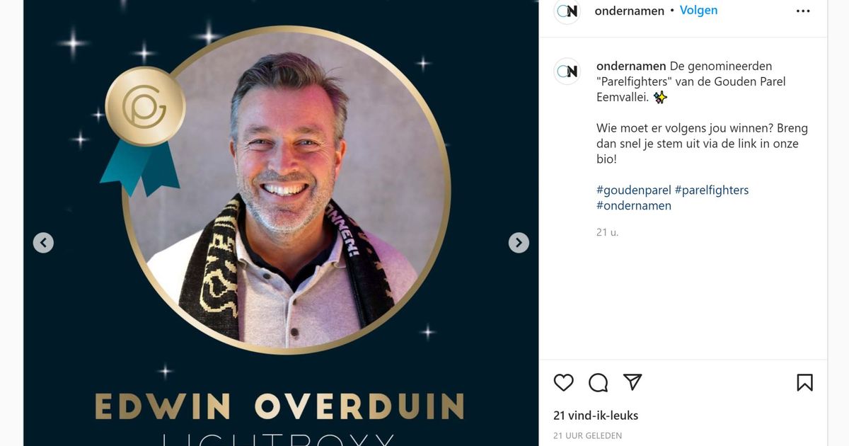 Edwin Overduin 1 van 3 genomineerden Gouden Parelprijs Eemvallei