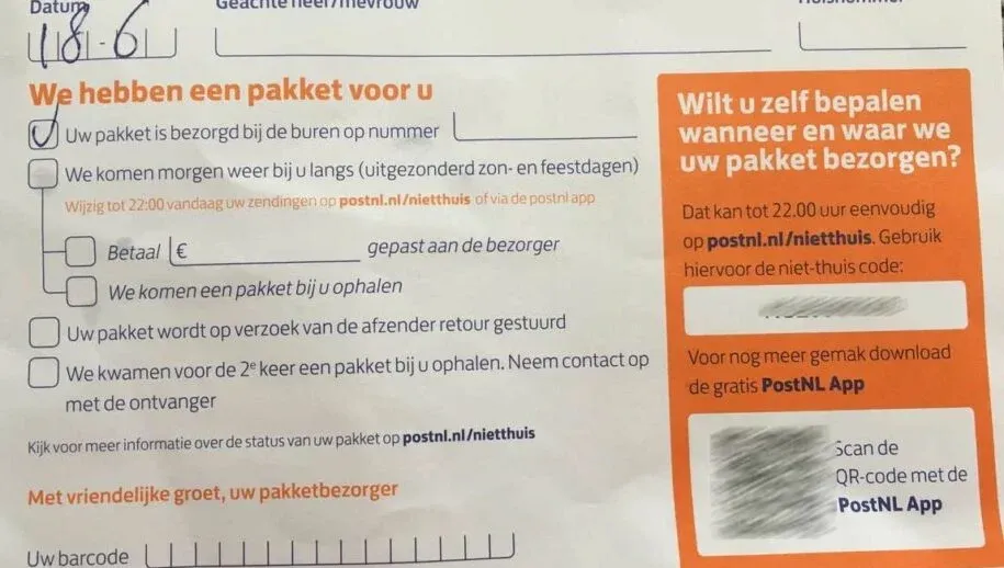 Geen briefje meer in de bus van PostNL bij afwezigheid besteller