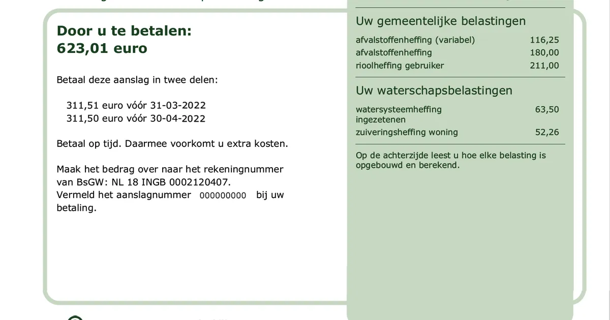 Wanneer ontvangt u de aanslag van BsGW