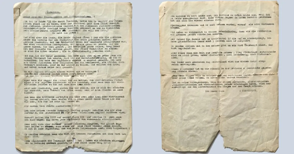 Getypte toespraak van Hitler ontdekt bij voorbereiding Vrijheidsklanken.