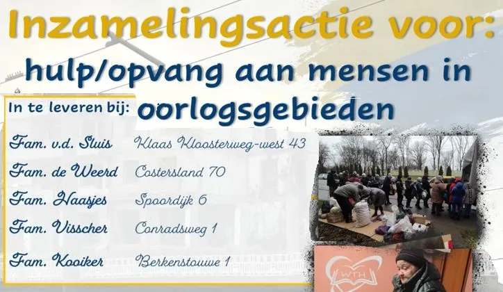 Inzamelingsactie hulp/opvang mensen in oorlogsgebieden