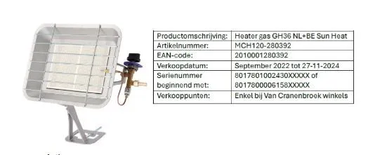 Winkelketen Van Cranenbroek roept gasheaters van het merk Sun Heat ...