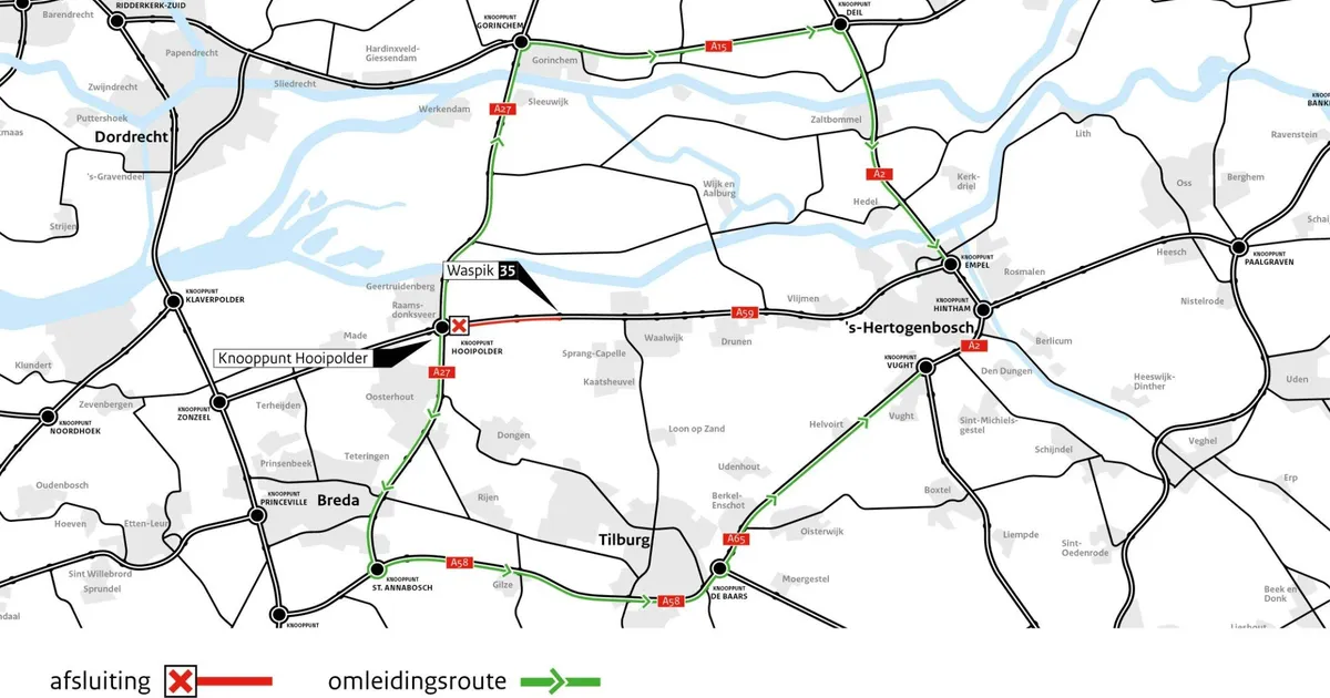Weekendafsluiting A59 bij Hooipolder 25 tot 28 oktober