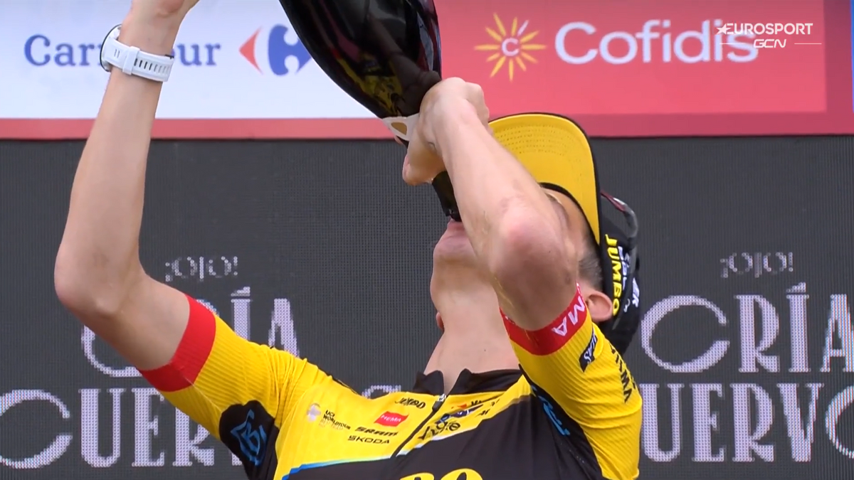 VIDEO: Sepp Kuss celebrates stage win in style, downing bottle of Cava ...