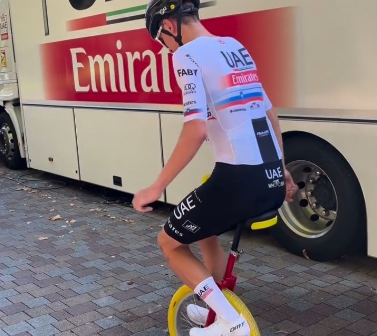 VIDEO: Tadej Pogacar prepares for Giro dell'Emilia by riding unicycle ...