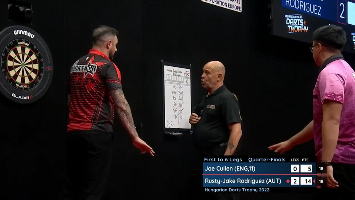 VIDEO: VAR in Darts as referee Russ Bray calls a foul throw on Cullen ...