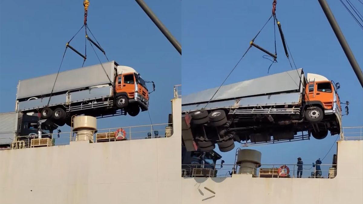 Kabel schiet los en aan boord hijsen van vrachtwagen gaat fout | VK ...