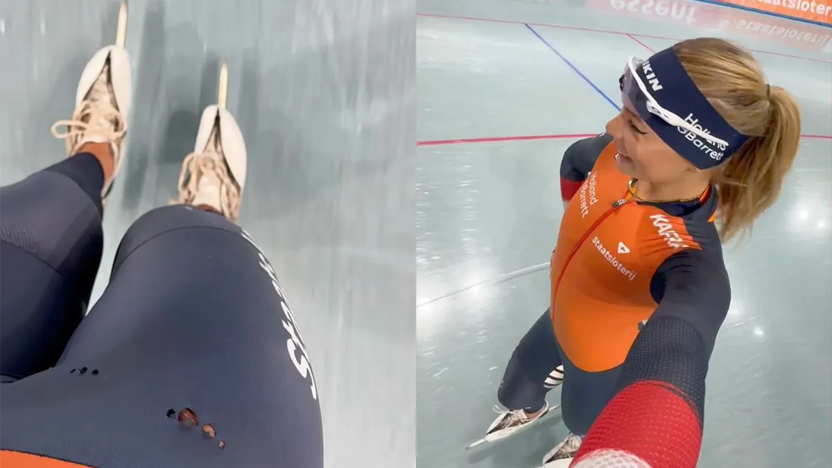 Jutta Leerdam laat zien hoe altijd gaten in haar strakke schaatspak ...