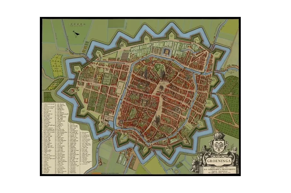 Stadskaart Groningen uit de atlas van Blaeu digitaal ingekleurd ...