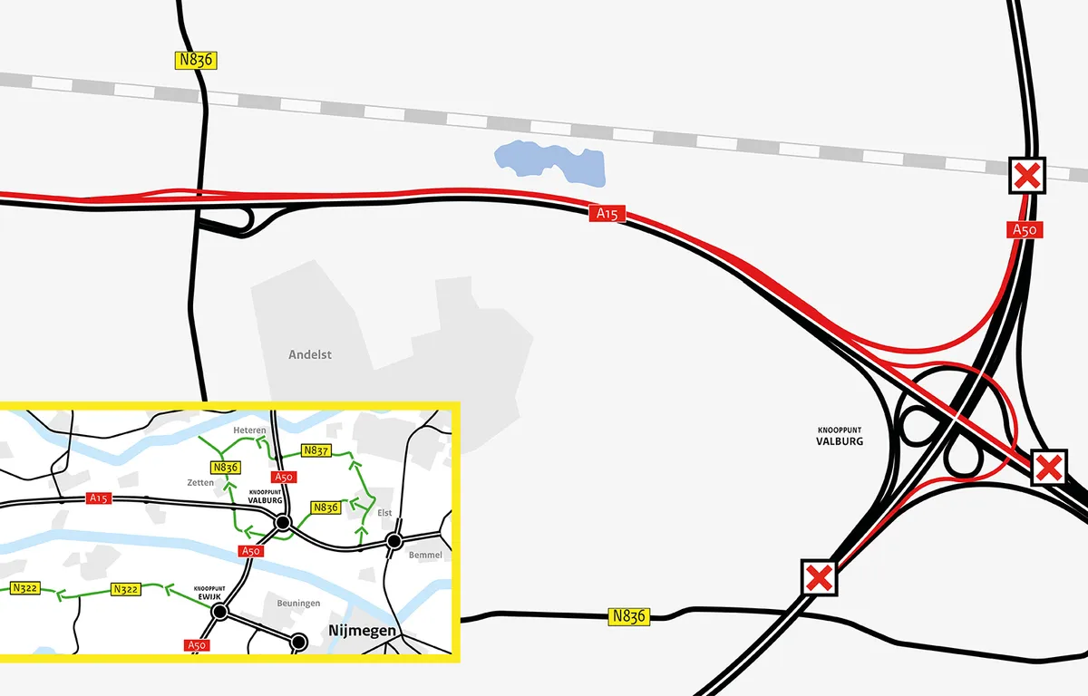 Afsluitingen A15 en A50 tussen knooppunt Valburg en Andelst