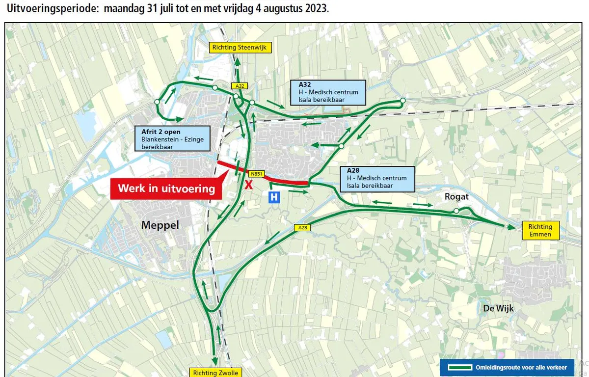 N851 tussen Rogat en Meppel dicht door wegwerkzaamheden