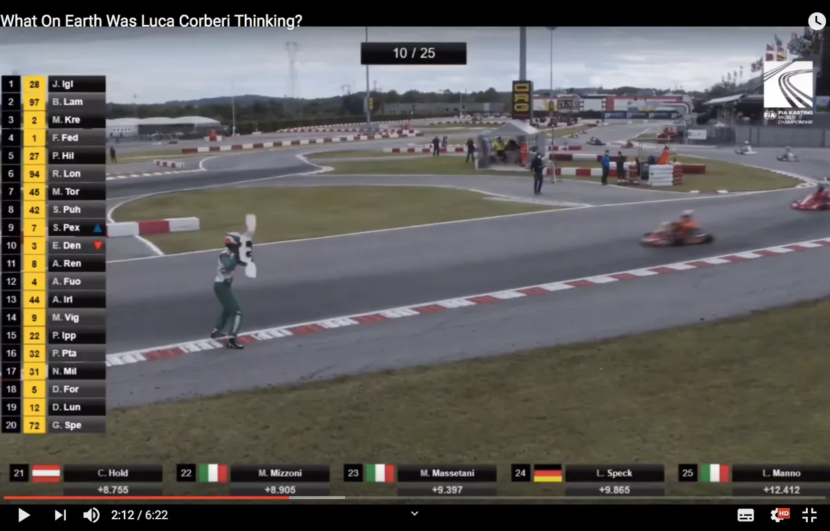Bizarre beelden van kartcoureur Luca Corberi die door het lint gaat
