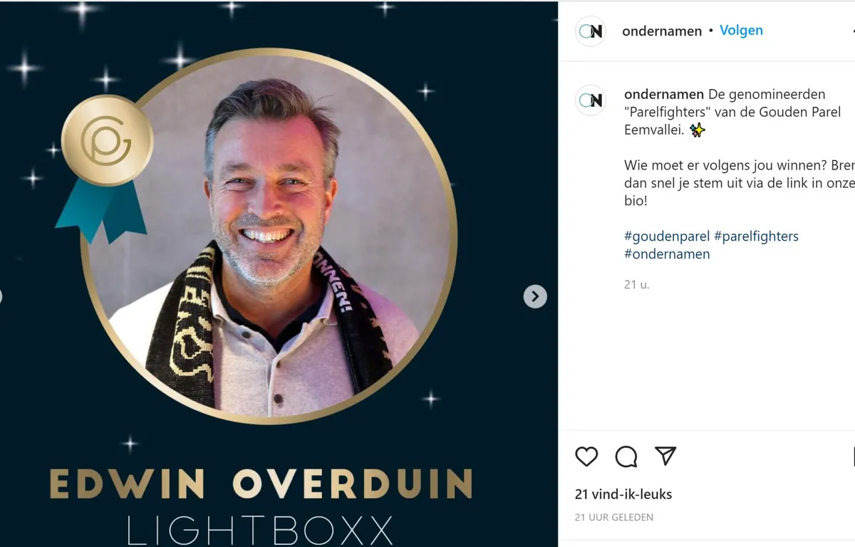 Edwin Overduin 1 van 3 genomineerden Gouden Parelprijs Eemvallei