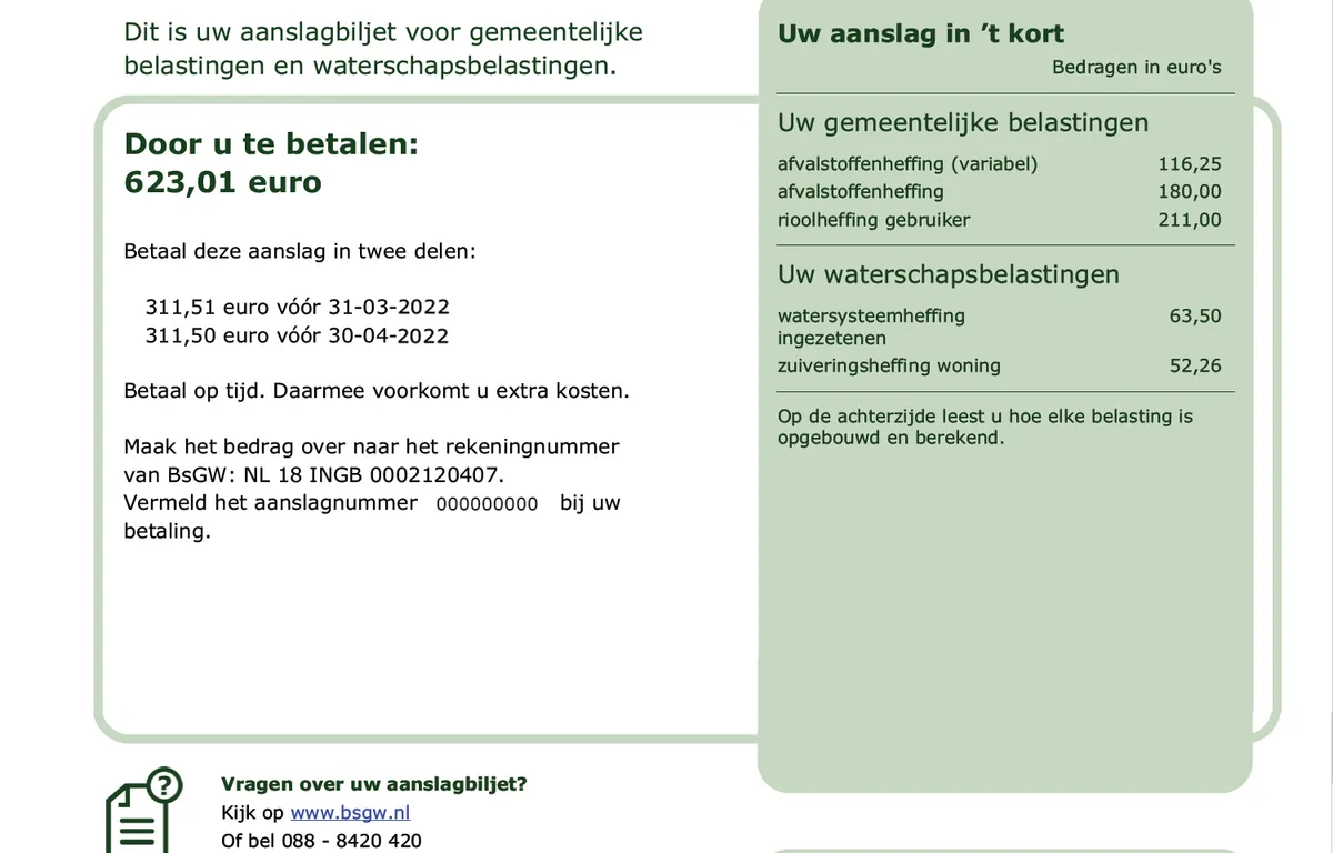 Wanneer ontvangt u de aanslag van BsGW