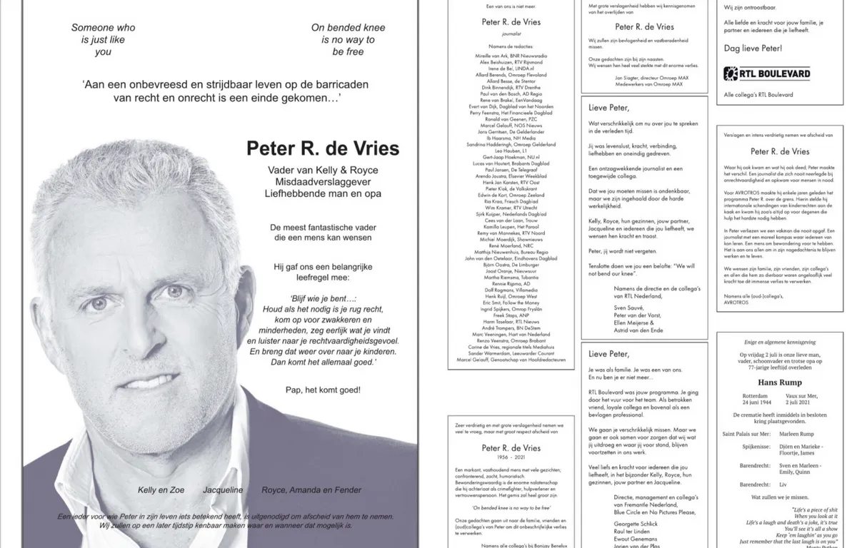 Paginagroot rouwbericht van kinderen Peter R. de Vries in kranten