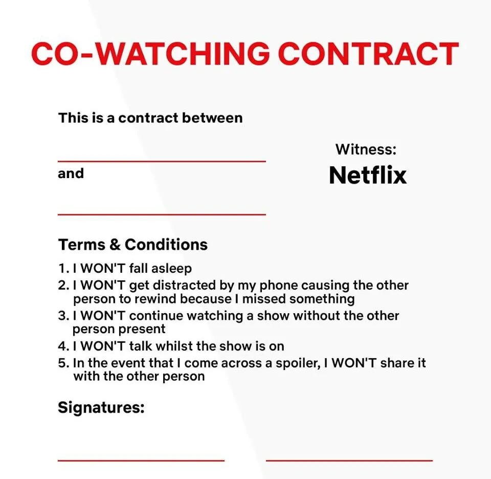 Netflix komt met contract zodat je wederhelft jouw bingesessies niet ...