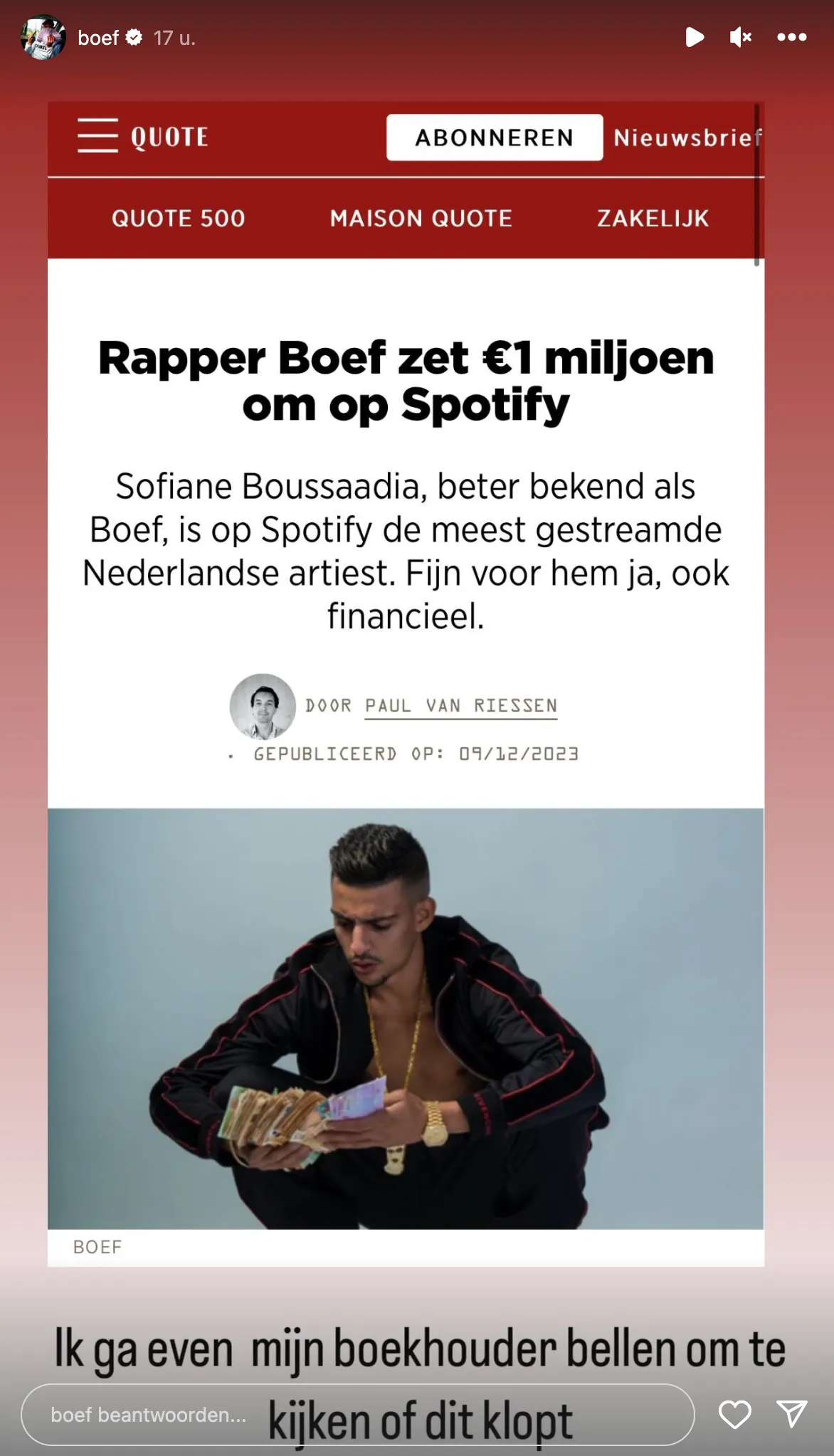 Boef reageert op Quote artikel over zijn Spotify inkomsten: "Even mijn ...