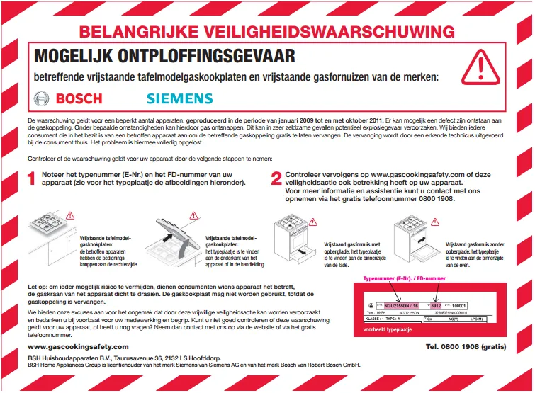 Waarschuwing: Explosiegevaar gaskookplaten en gasfornuizen Bosch en Siemens