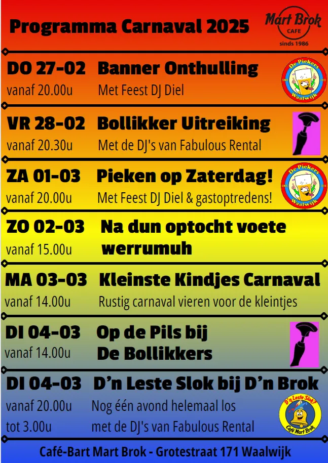 Programma Carnaval 2025 bij Café Mart Brok in Waalwijk