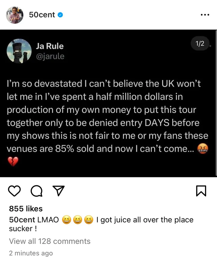 Ja Rule gefrustreerd dat hij Engeland niet in mag, 50 Cent m