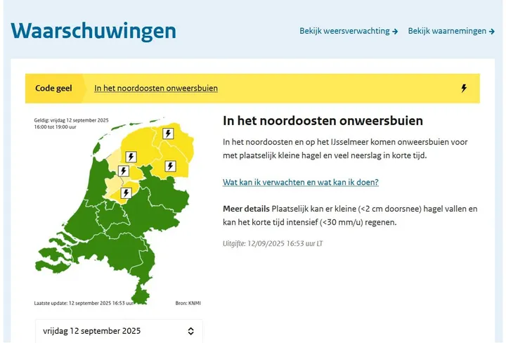 KNMI geeft code geel af wegens onweer, hagel en regen